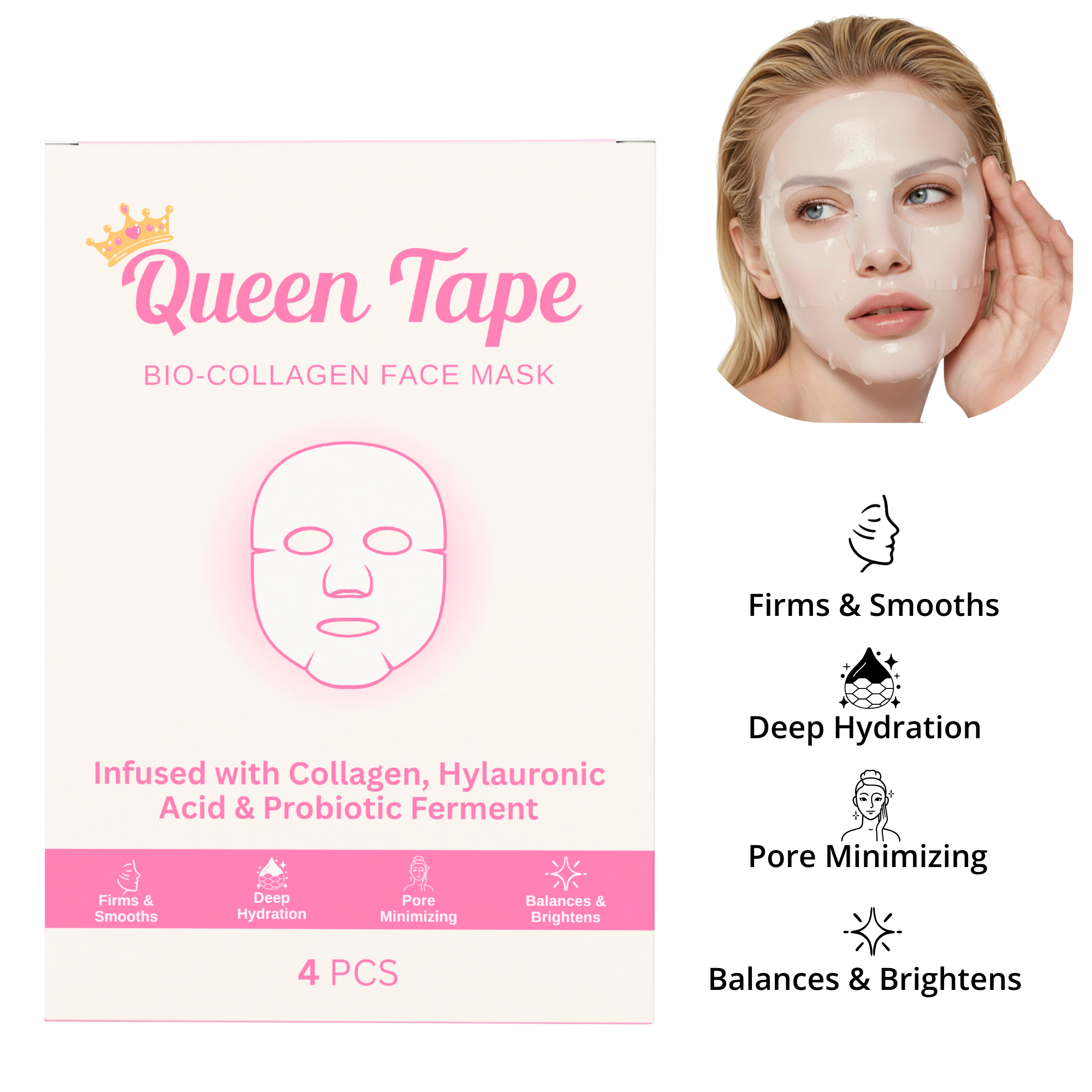 Queen Bio Collagen Face Mask (4 Pcs) – Queen Tape